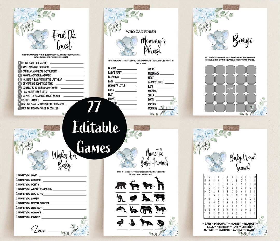 Blue Elephant Baby Shower Games Bundle (editable, Instant Download) - Etsy