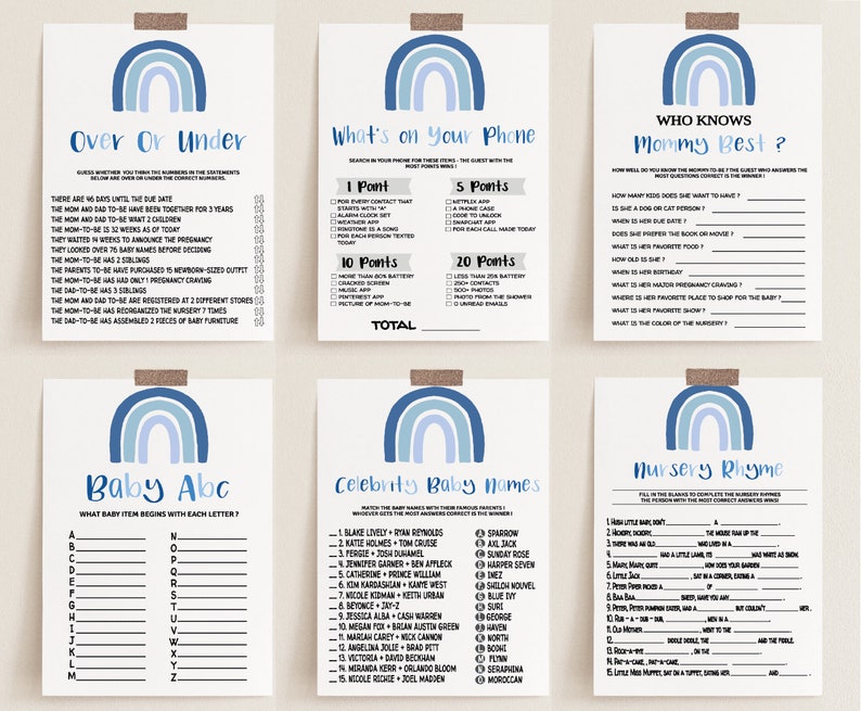 Blue Rainbow Baby Shower Game Bundle Editable Games Baby - Etsy