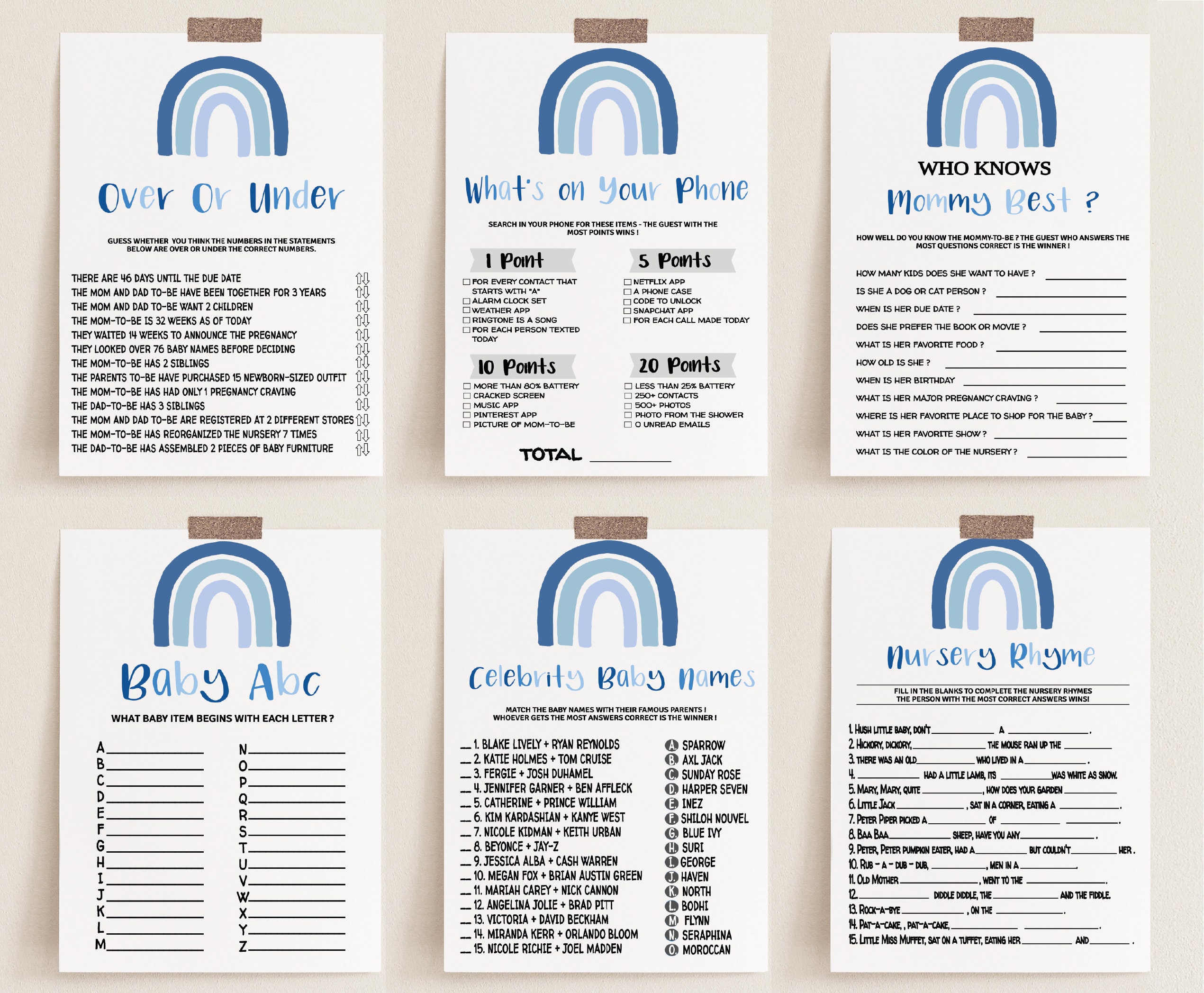 Blue Rainbow Baby Shower Game Bundle Editable Games Baby - Etsy