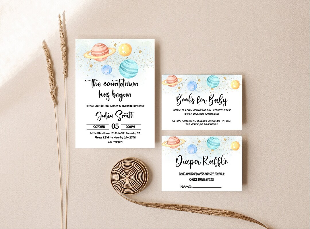 Editable Space Baby Shower Invitation Set, Outer Space Planets Moon ...