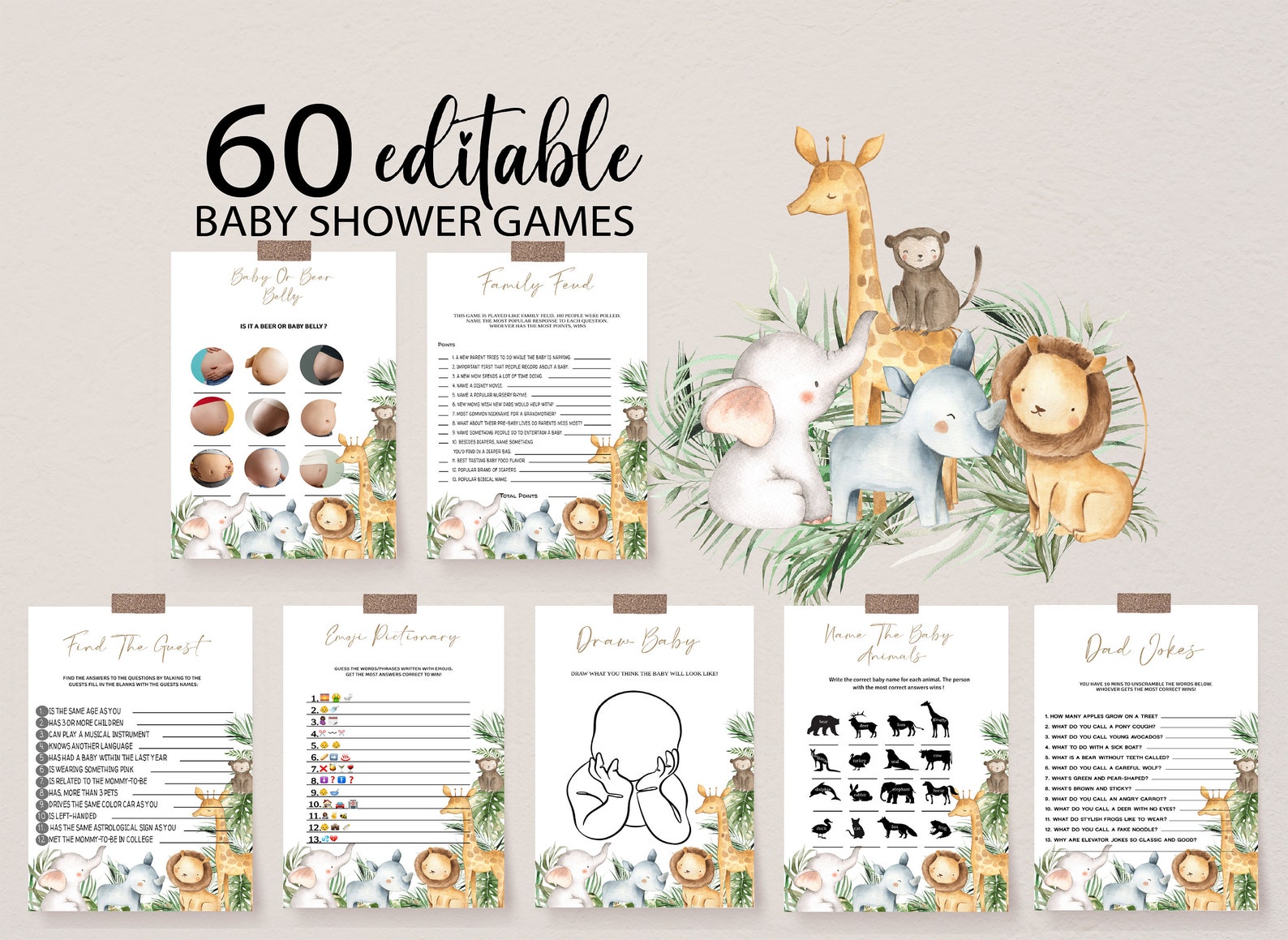 Safari Baby Shower Game Bundle: 60 Editable Jungle Games (digital ...