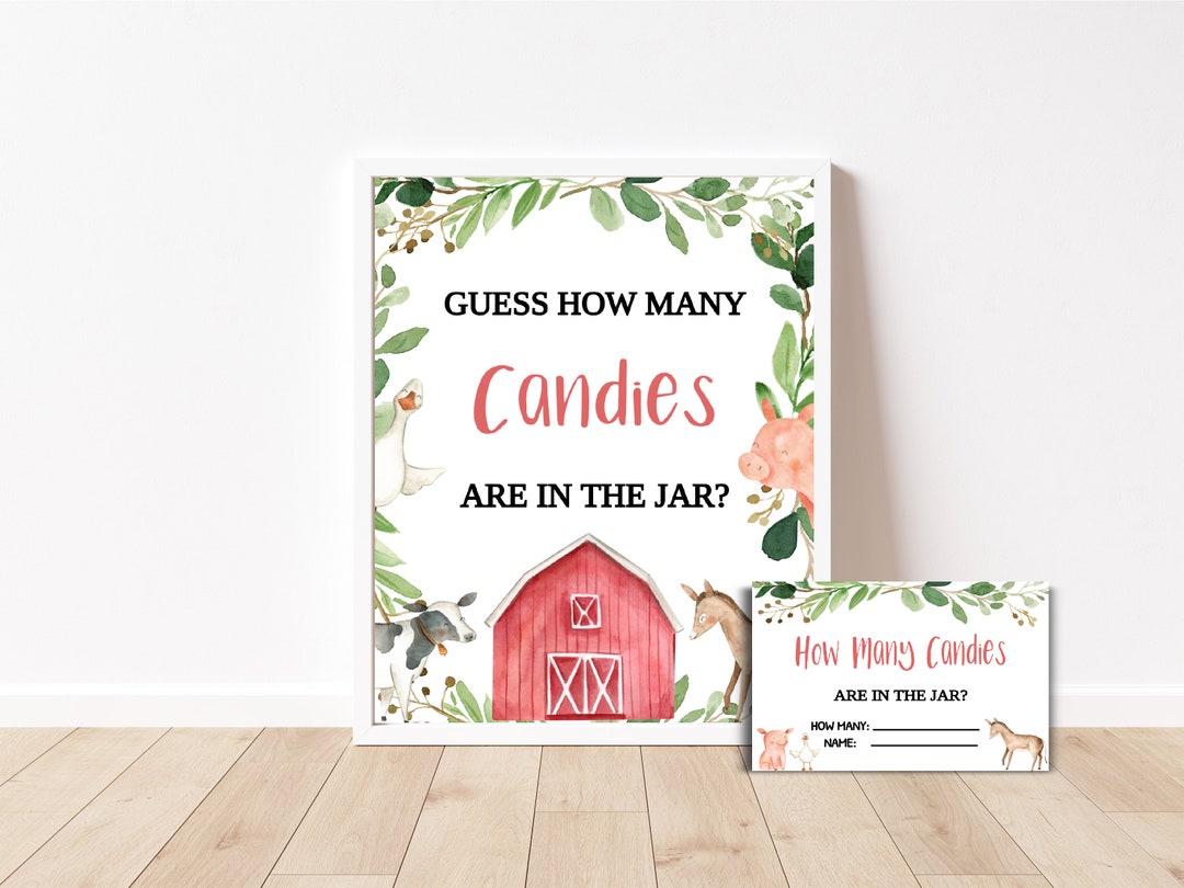 Guess How Many Candies Sign, Barnyard Farm Greenery Animal Baby Shower ...