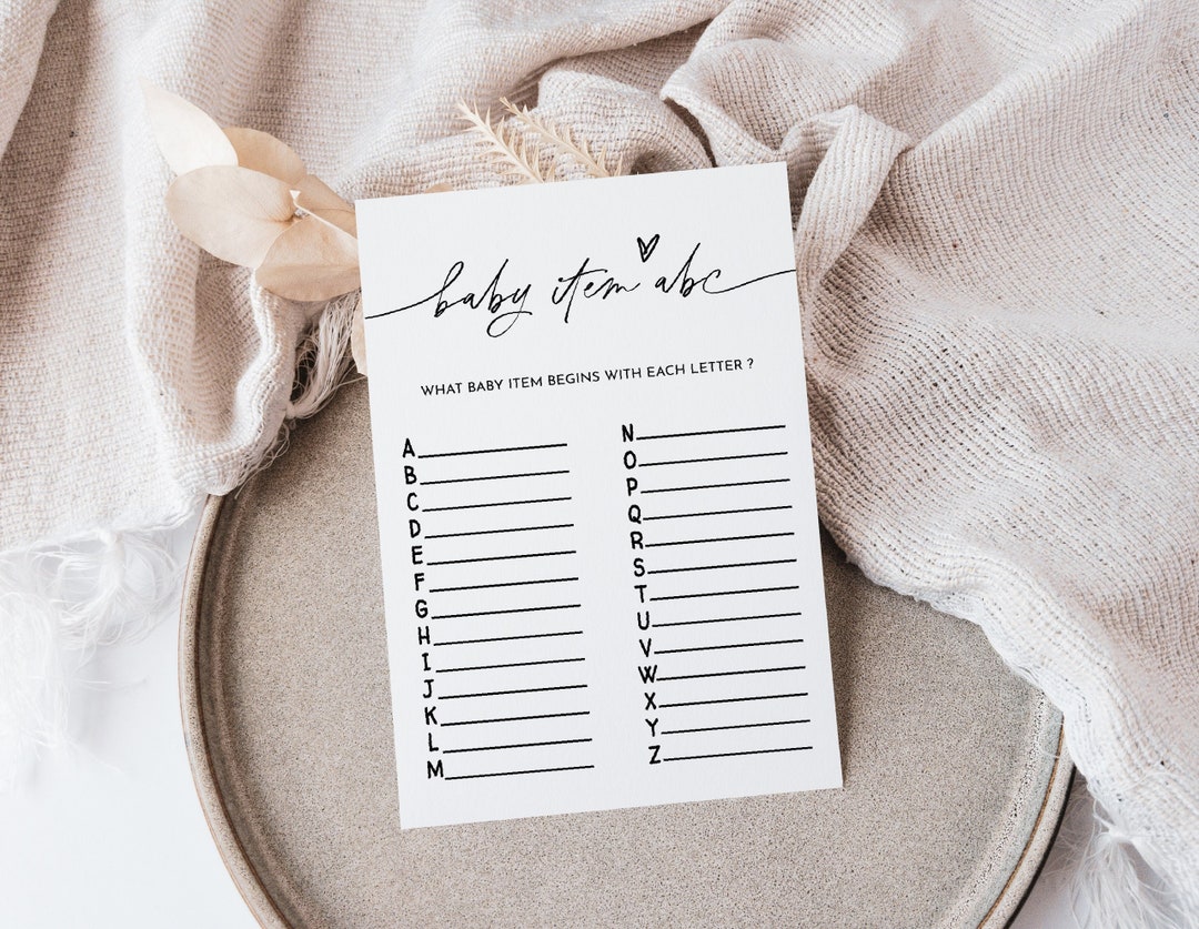 Baby ABC Game, Baby Shower Items Game, Editable Minimalist Baby Name ...