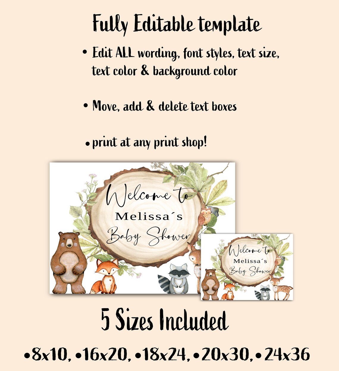 Editable Woodland Animals Welcome Baby Shower Sign Woodland | Etsy