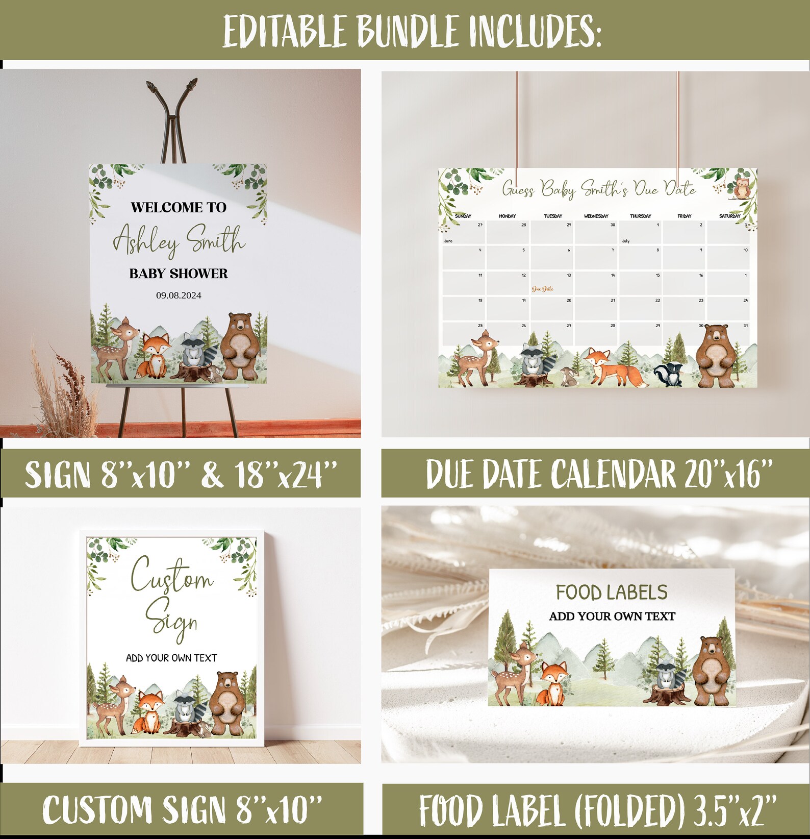 Woodland Baby Shower Bundle, Editable Woodland Animals Set, Baby Shower ...