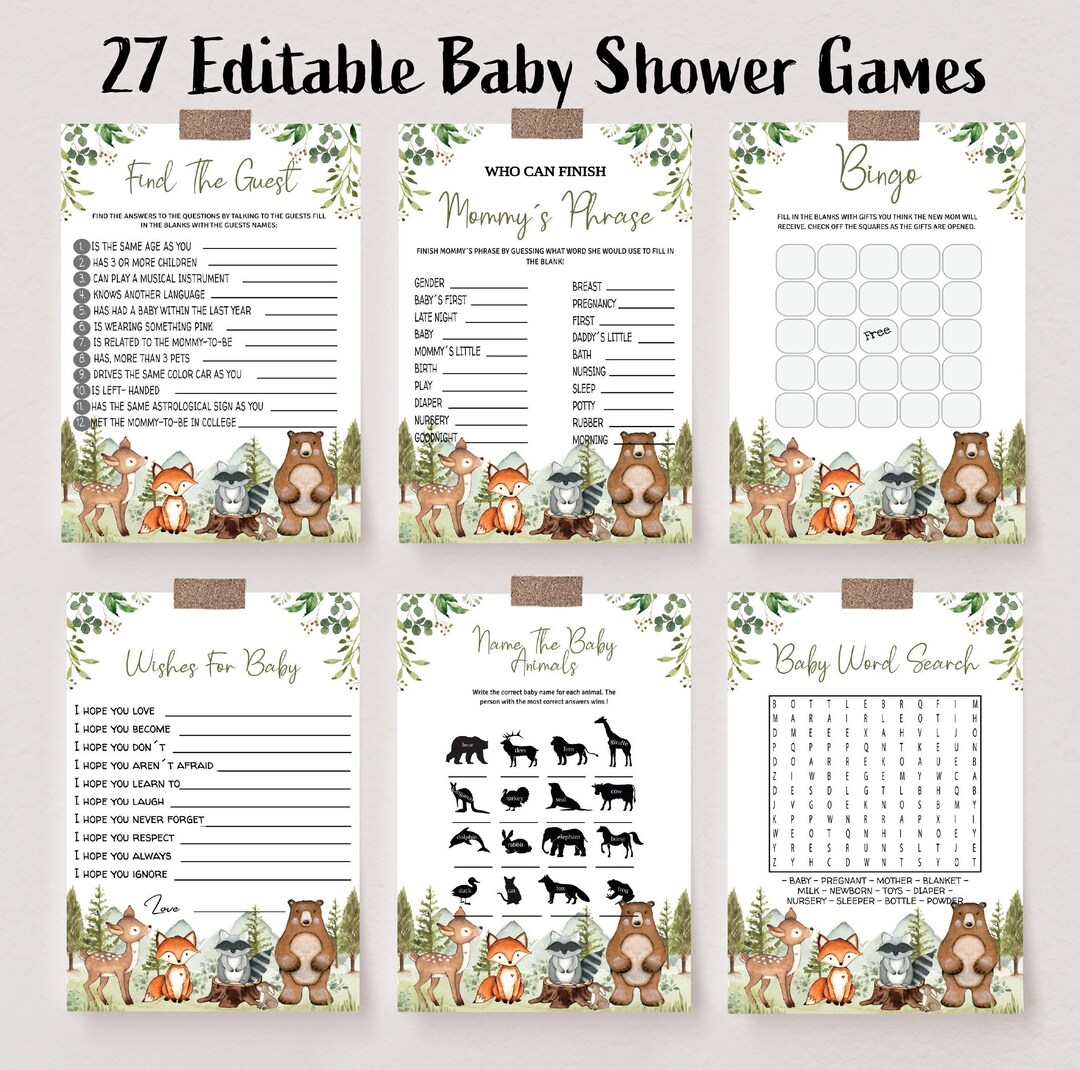 Woodland Animals Baby Shower Games Bundle, Forest Animals Baby Shower ...