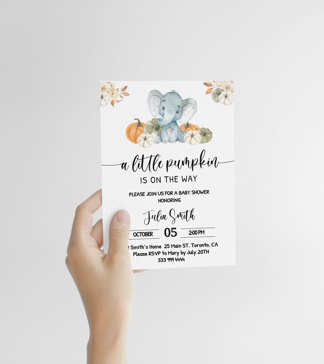 Fall Elephant Baby Shower Invitation: Pumpkin Floral (editable Digital ...
