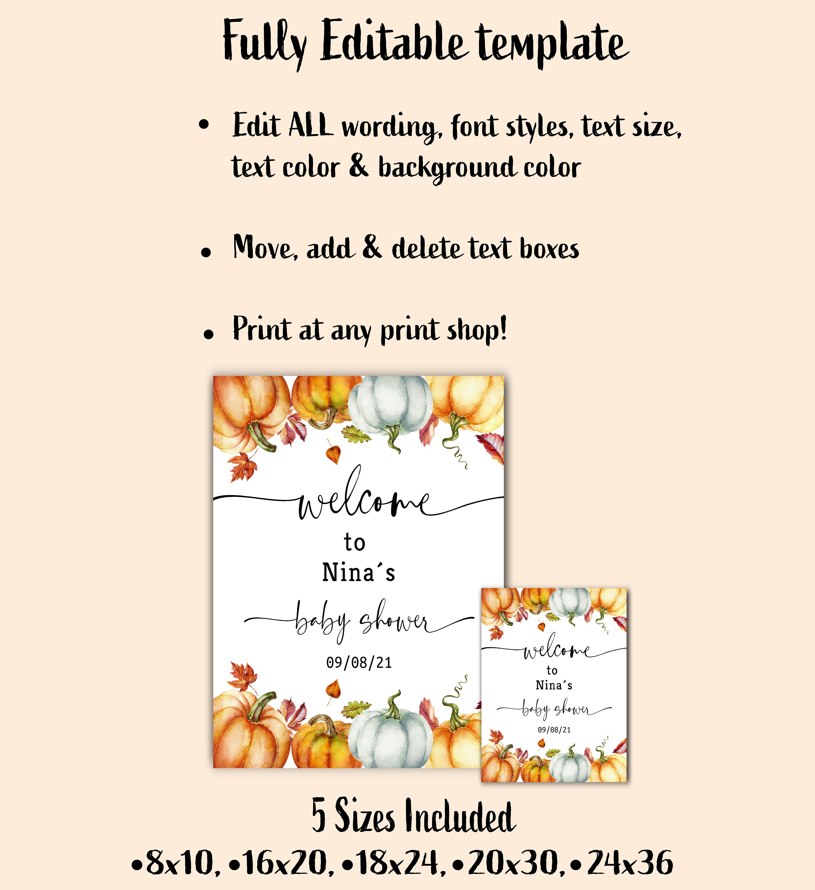 Editable Pumpkin Welcome Baby Shower Sign, Fall Pumpkin Baby Shower ...