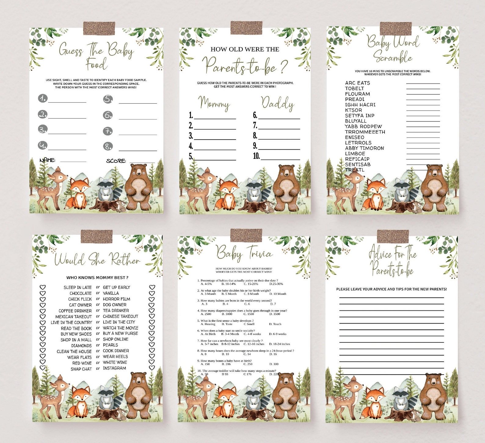 Woodland Animals Baby Shower Games Bundle: Editable Printable (digital ...