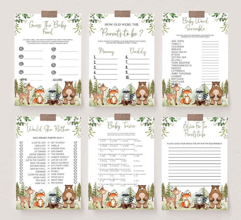 Woodland Animals Baby Shower Games Bundle: Editable Printable (digital ...