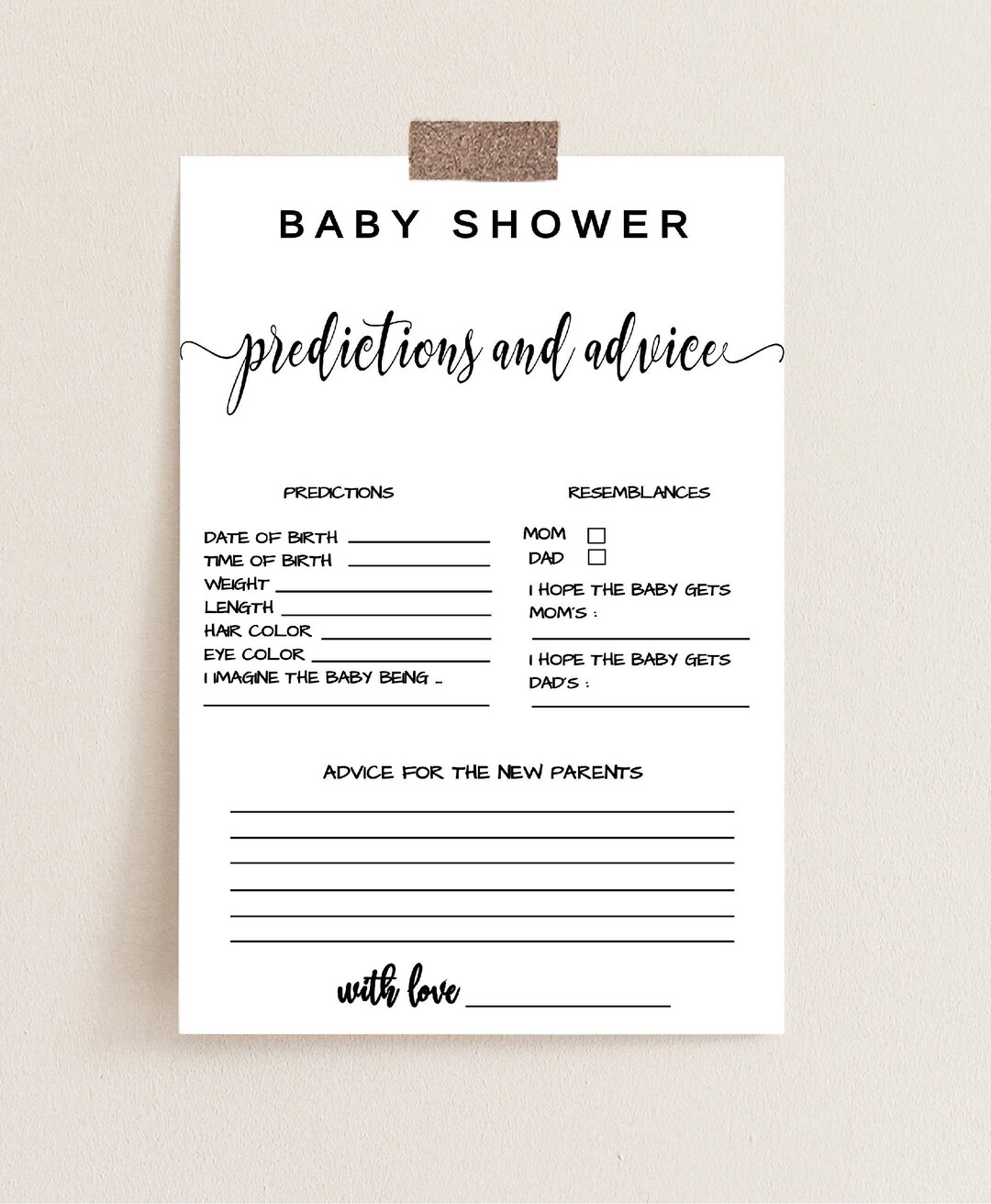 Predictions and Advice Baby Shower Game, Baby Shower Games, Minimal ...
