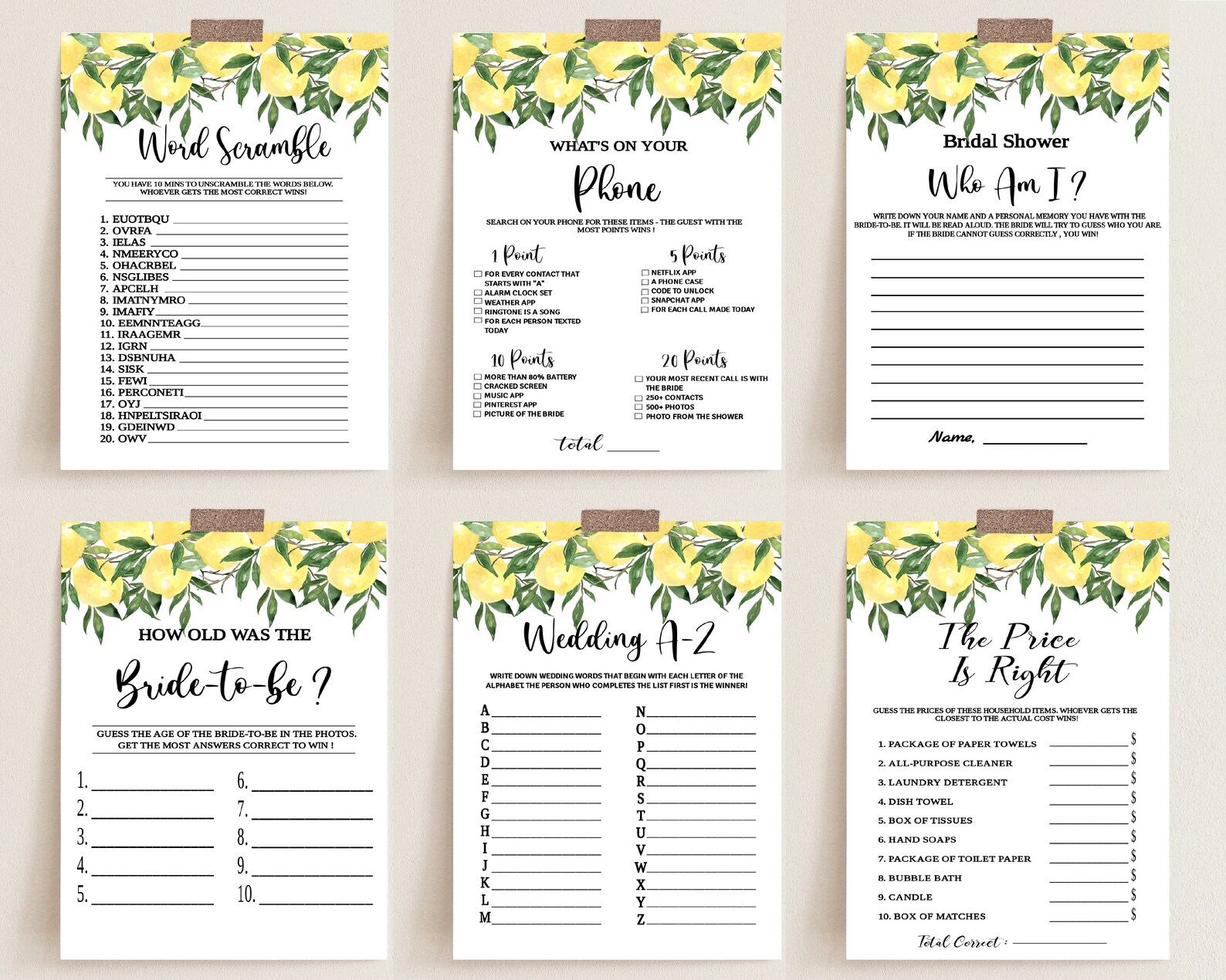 Lemon Bridal Shower Game Bundle, Editable Lemon Bridal Games, Lemon and ...