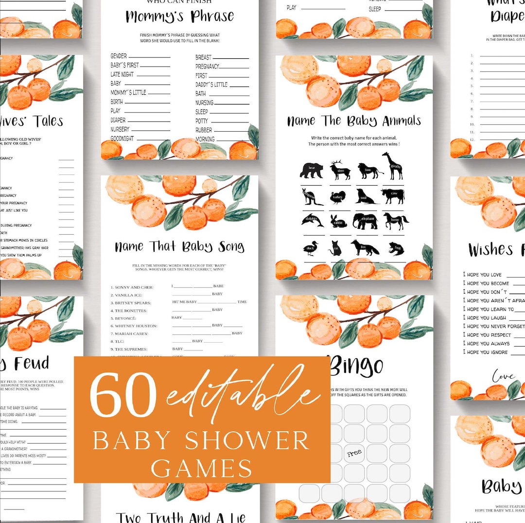 Orange Little Cutie Baby Shower Game Bundle, Editable Citrus Orange ...