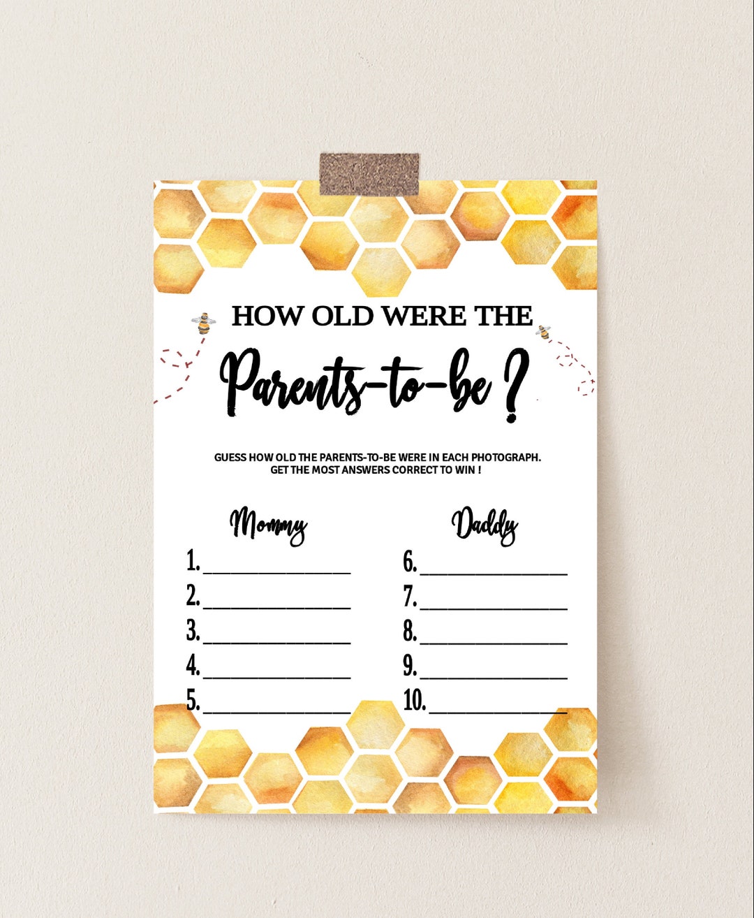 Baby Shower Game Honey Bee, How Old Were the Parents, Baby Shower Games ...