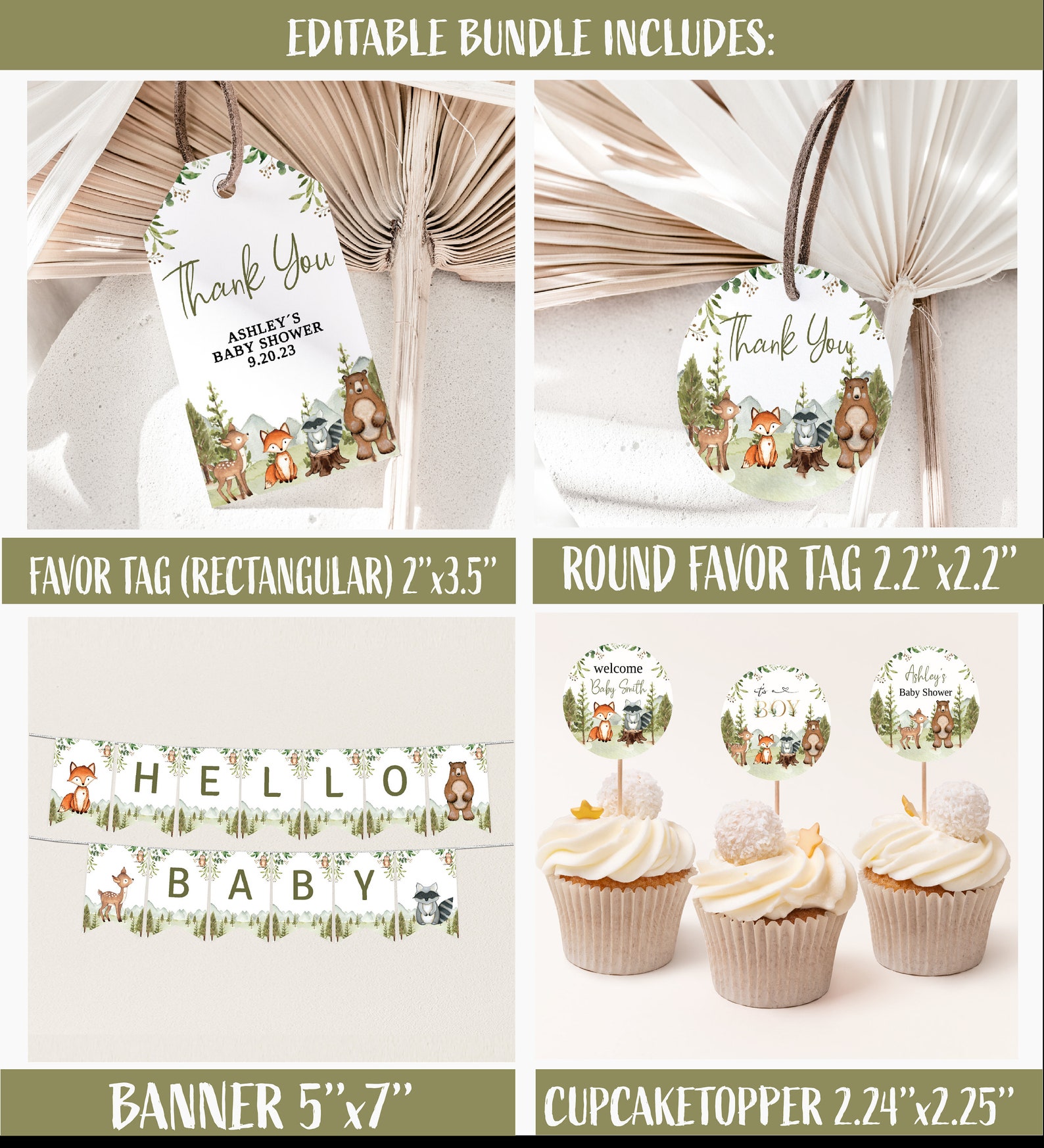 Woodland Baby Shower Bundle, Editable Woodland Animals Set, Baby Shower ...