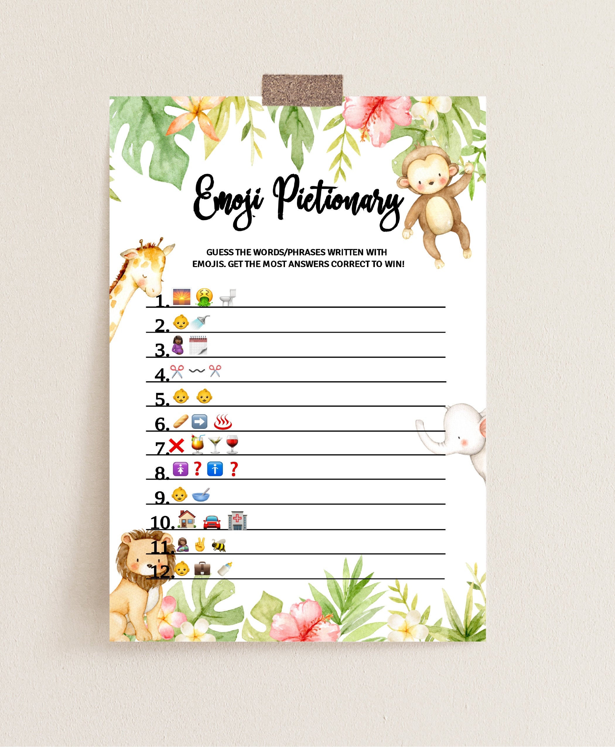 Party Games Printable Baby Shower Games Jungle Baby Shower Baby Emoji ...