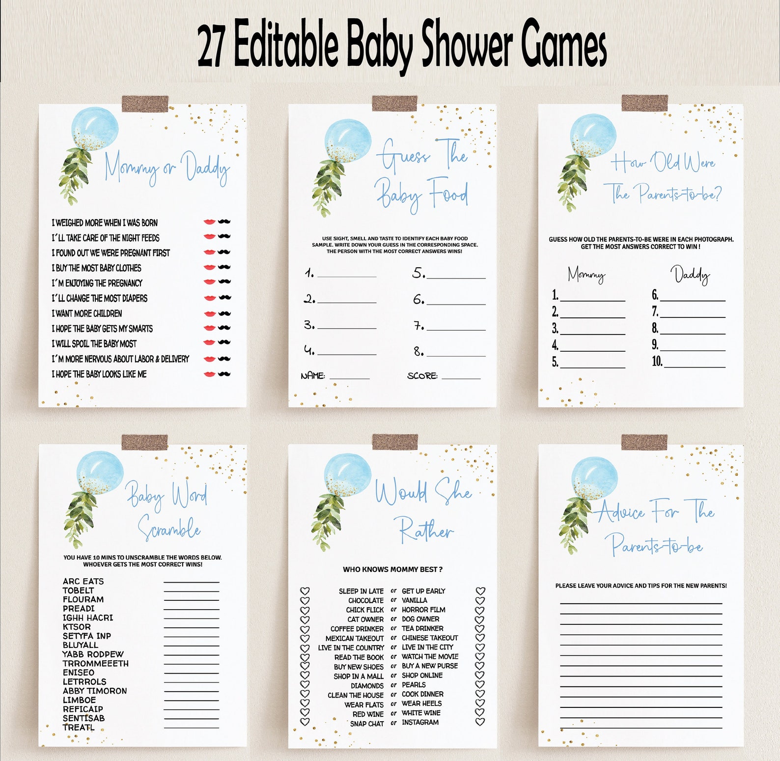 Blue Balloon Baby Shower Games Printable Editable Baby Shower - Etsy
