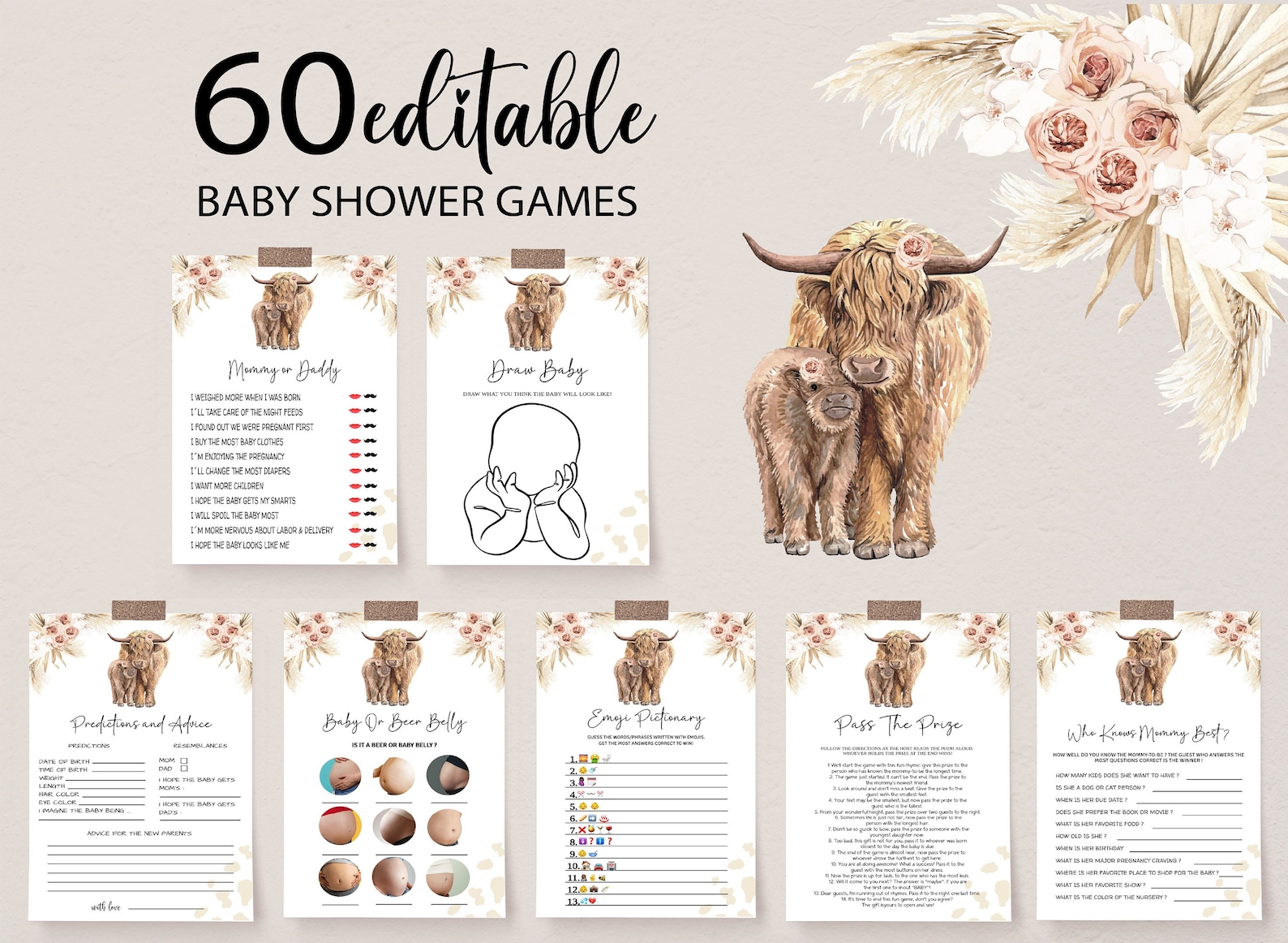 Holy Cow Baby Shower Game Bundle, Girl Highland Cow Baby Shower Game ...