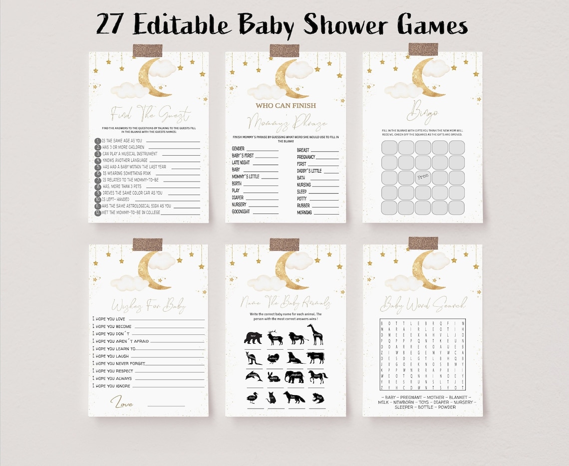Over the Moon Baby Shower Games Bundle – Editable Twinkle Little Star ...