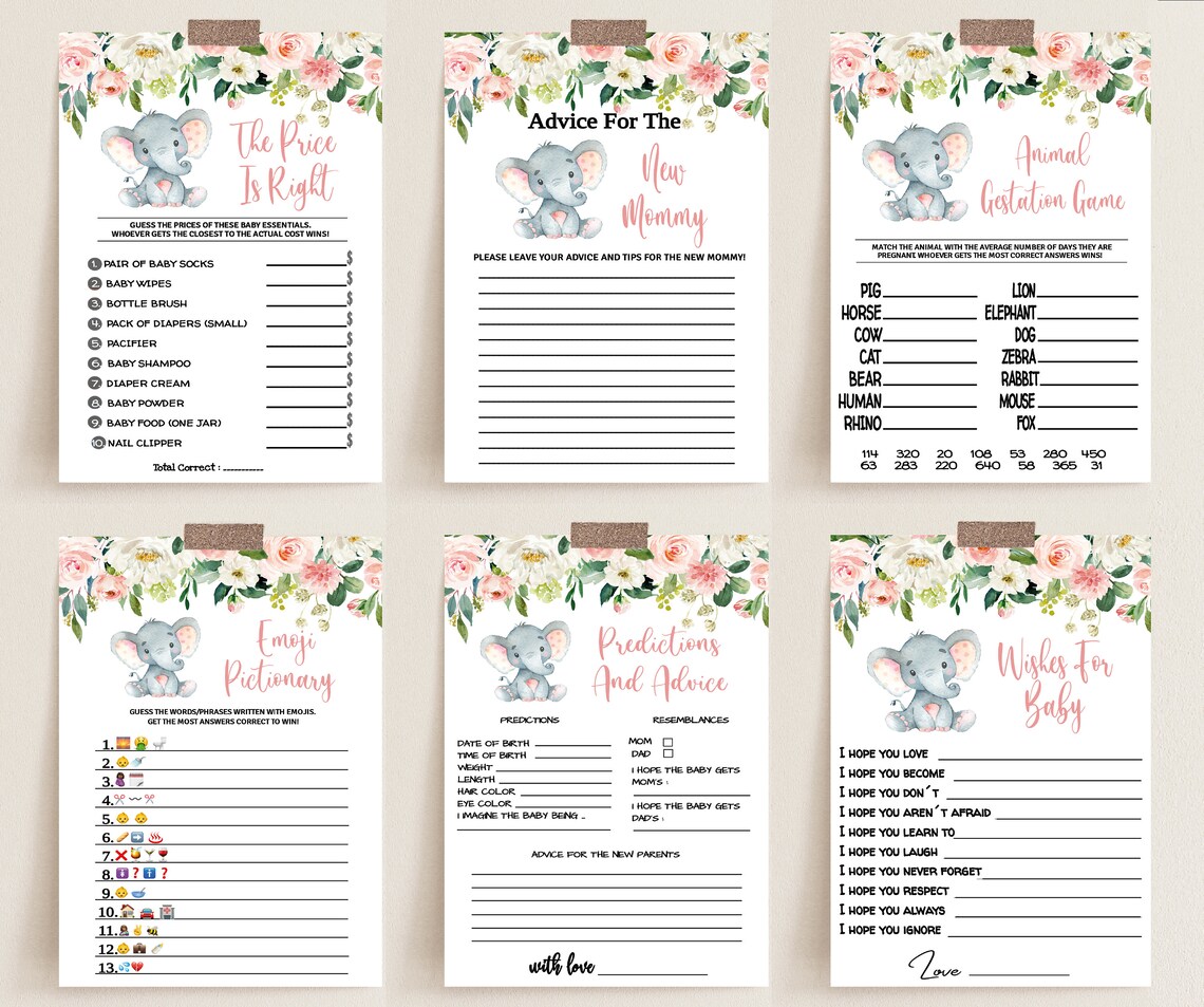 Elephant Baby Shower Games Printable Game Bundle Pink Elephant | Etsy