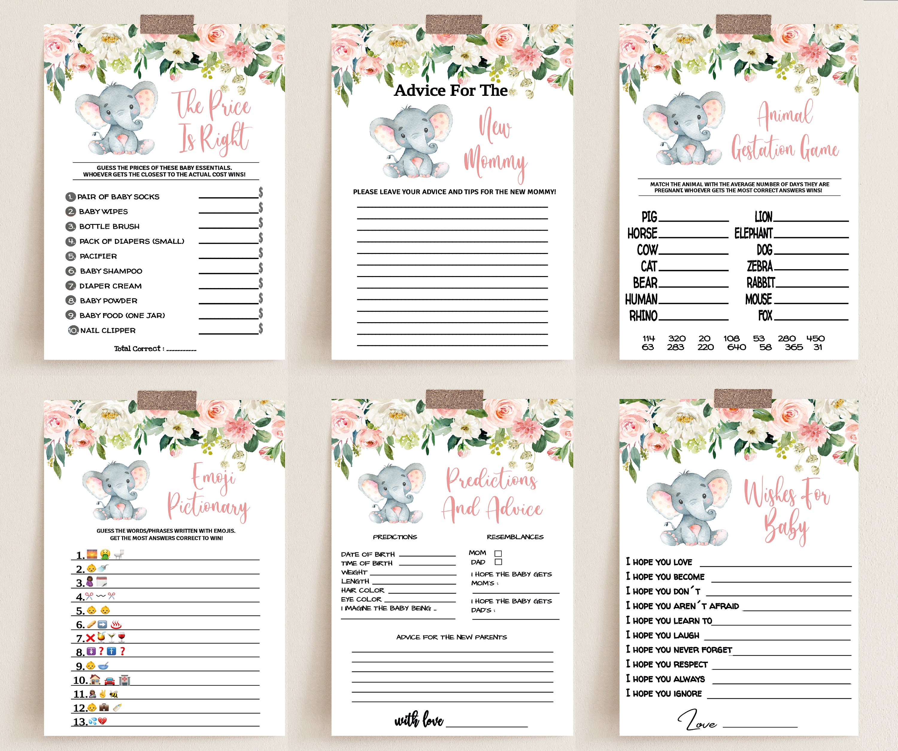 Elephant Baby Shower Games Printable Game Bundle Pink Elephant | Etsy
