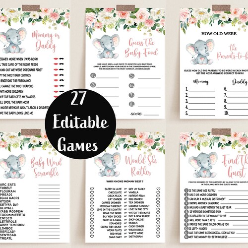 Elephant Baby Shower Games Printable Game Bundle Pink Elephant - Etsy