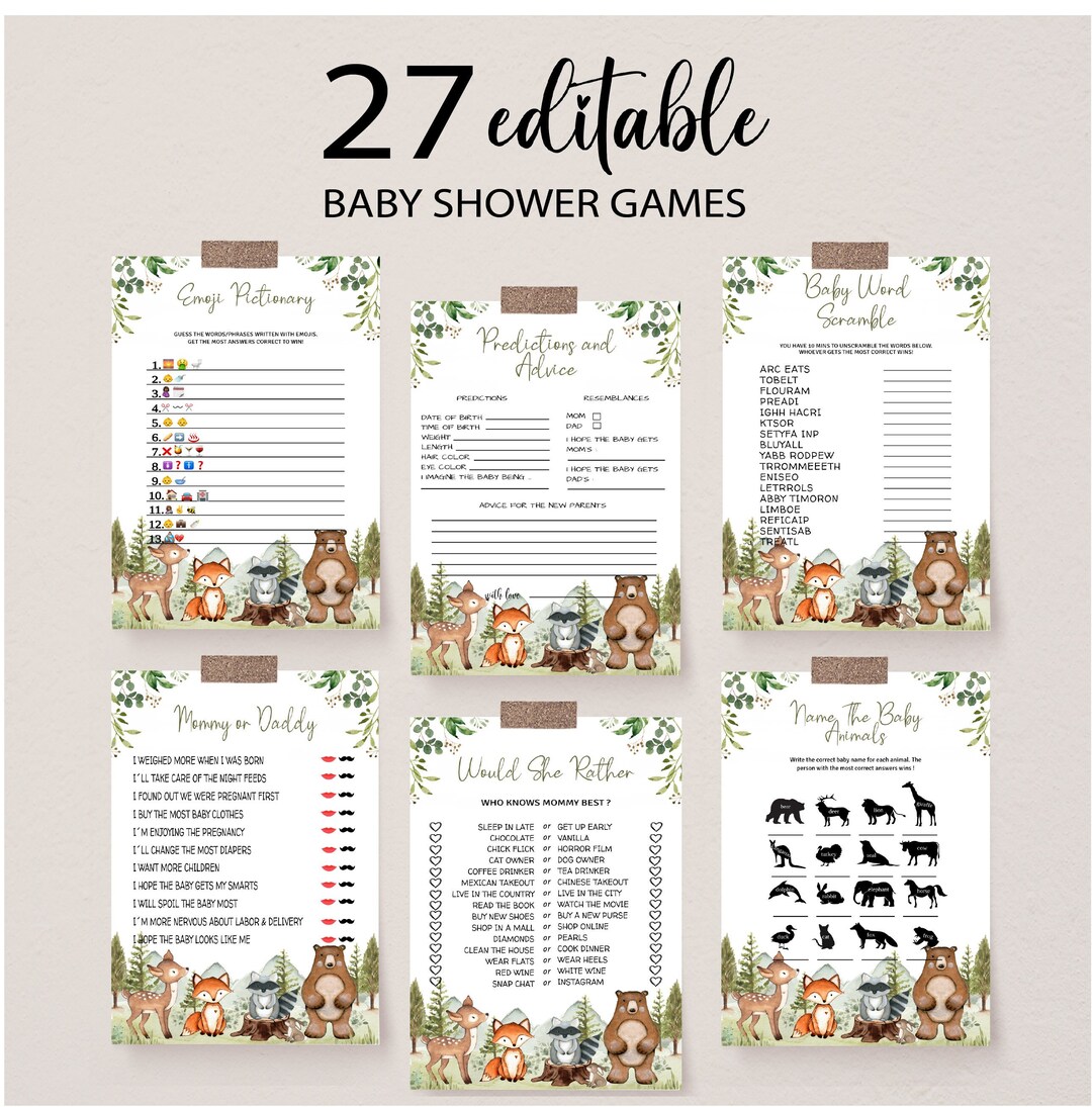 Woodland Animals Baby Shower Games Bundle: Editable Printable (digital ...