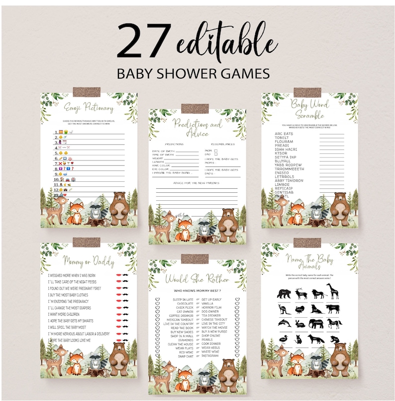 Woodland Animals Baby Shower Games Bundle: Editable Printable (digital ...