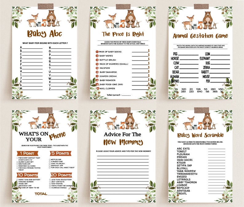 Woodland Baby Shower Games Bundle (digital Download) - Etsy