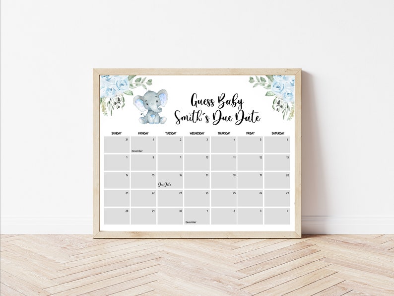 Editable Due Date Calendar Greenery Elephant Baby Shower | Etsy
