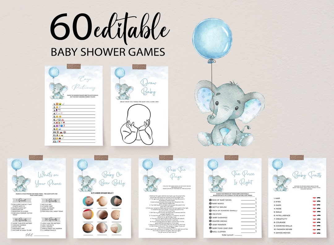 Blue Elephant Baby Shower Games Bundle: Editable Activity Pack (digital ...