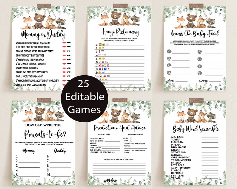 Woodland Baby Shower Games Bundle Woodland Forest Editable - Etsy