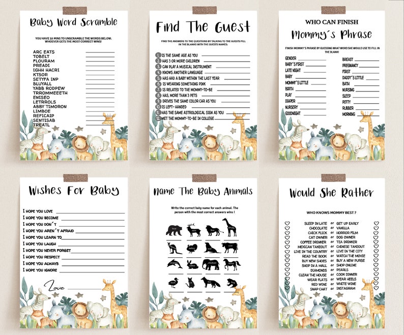 Jungle Safari Baby Shower Games Bundle Greenery Jungle - Etsy