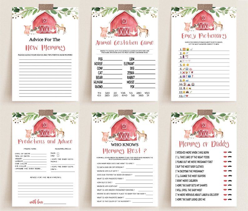 Farm Animal Baby Shower Games Bundle: Editable Printable Games (instant ...