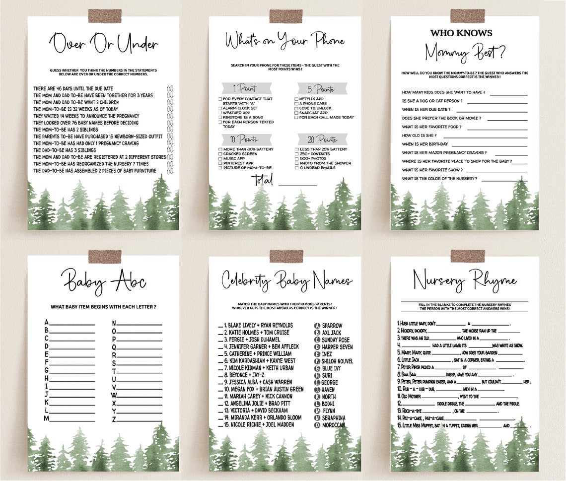 Pine Tree Baby Shower Game Bundle, Winter Pine Editable Baby Shower ...