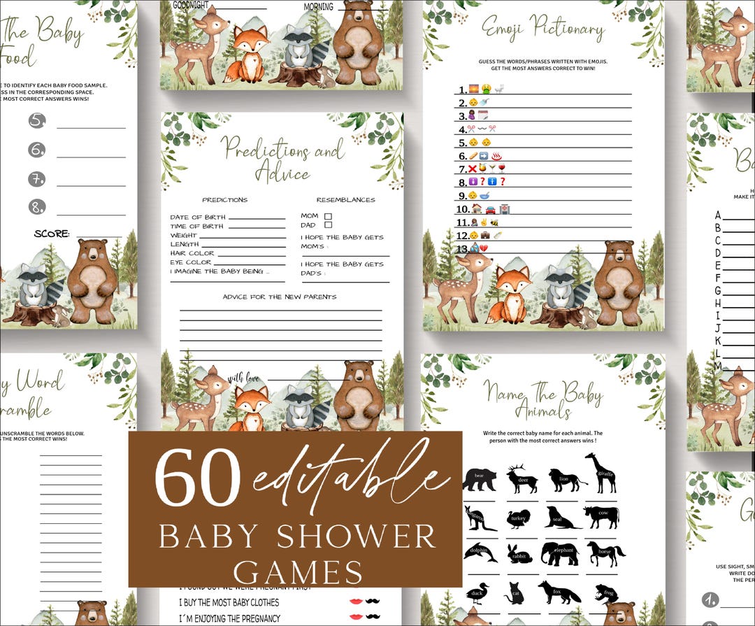 Woodland Baby Shower Games Bundle, Animals Forest Woodland Baby Shower ...