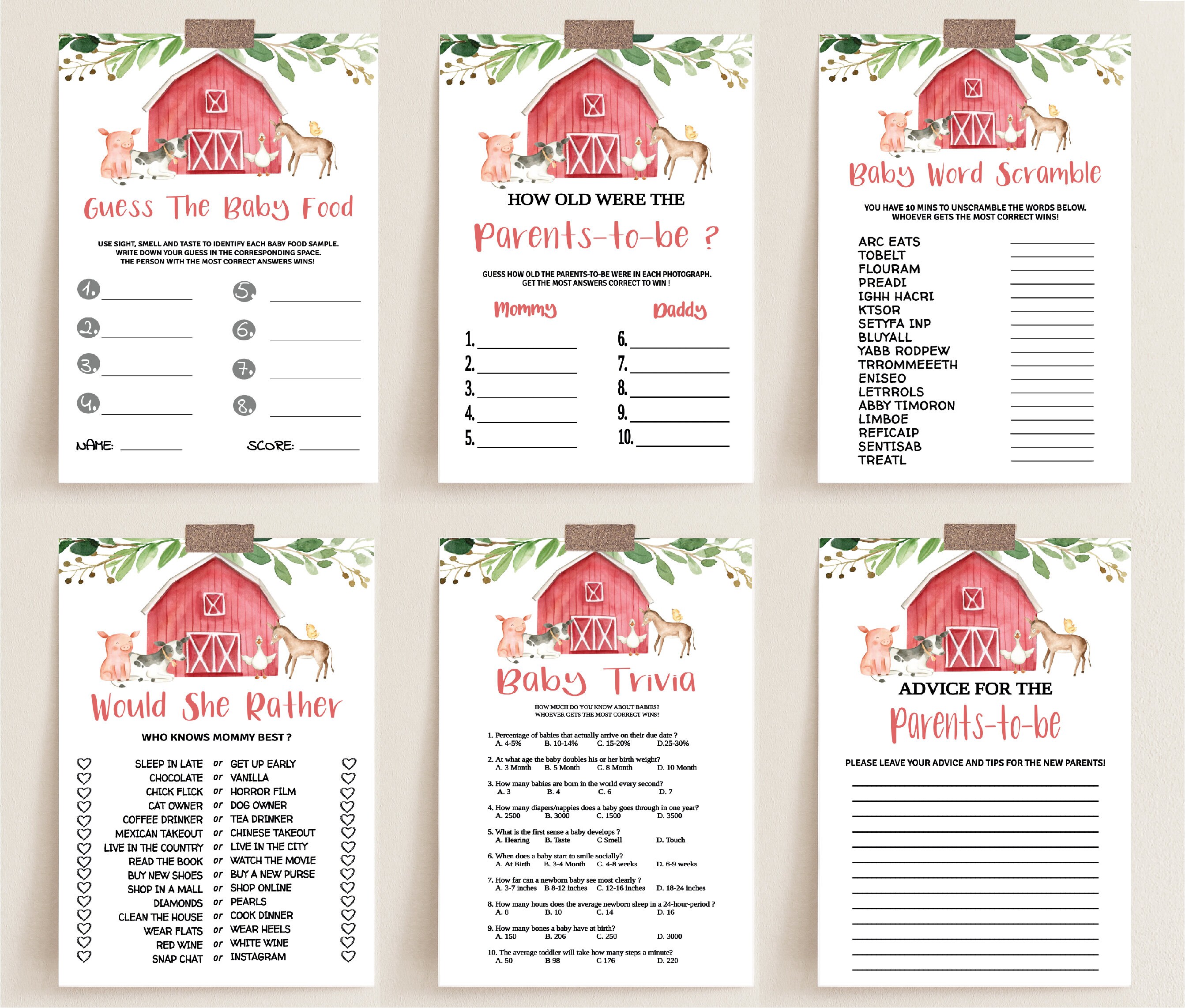 Farm Animal Baby Shower Games Bundle: Editable Printable Games (instant ...