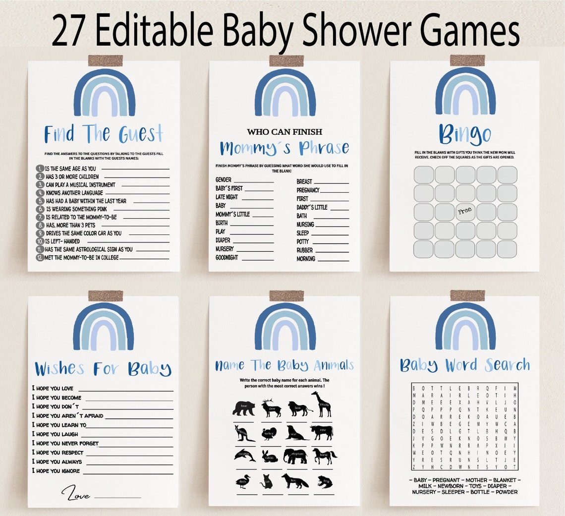Blue Rainbow Baby Shower Game Bundle Editable Games Baby - Etsy