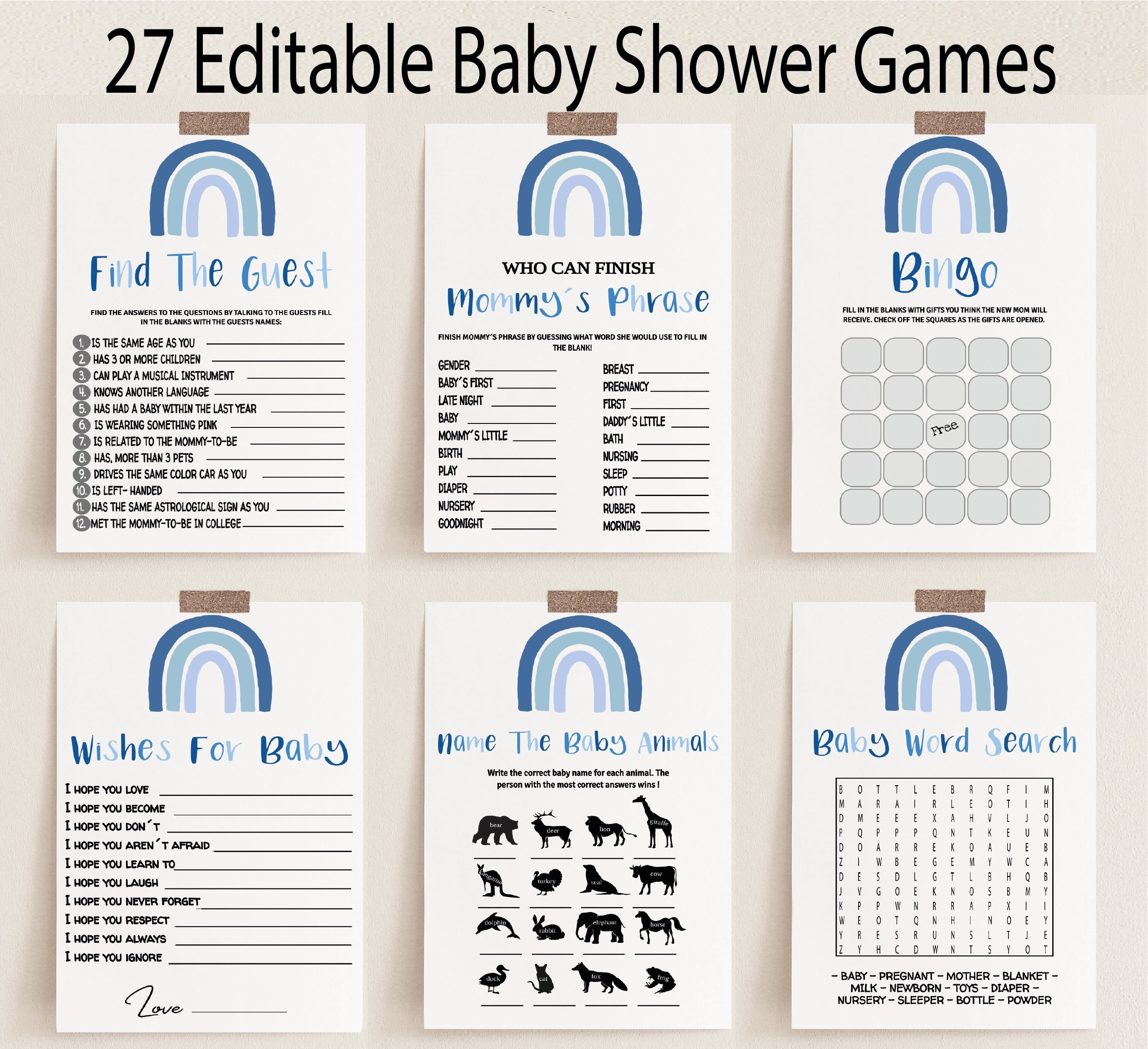 Blue Rainbow Baby Shower Game Bundle Editable Games Baby - Etsy