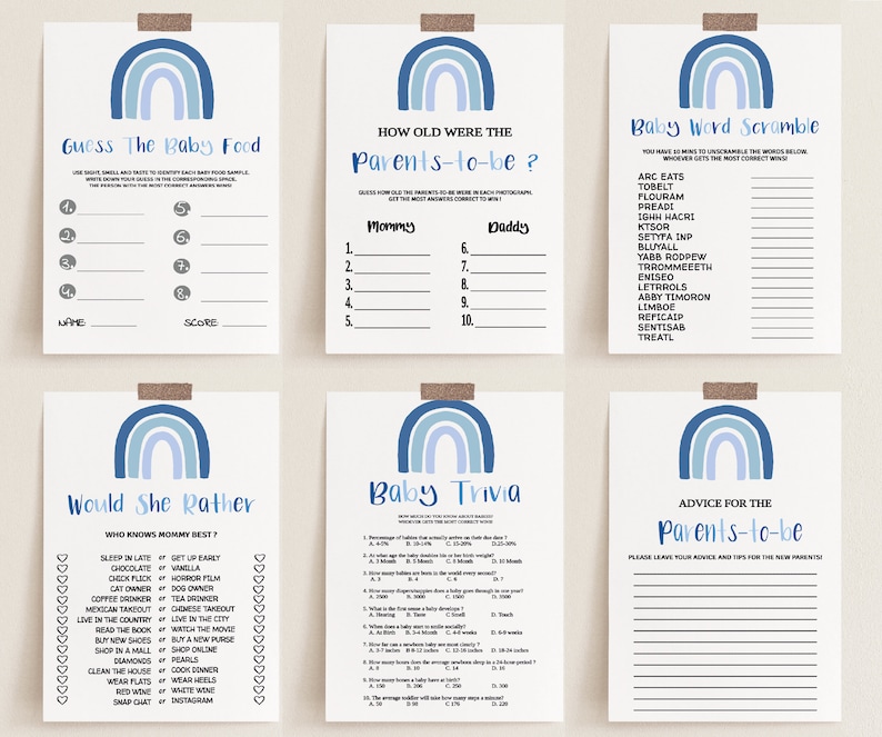 Blue Rainbow Baby Shower Game Bundle Editable Games Baby - Etsy