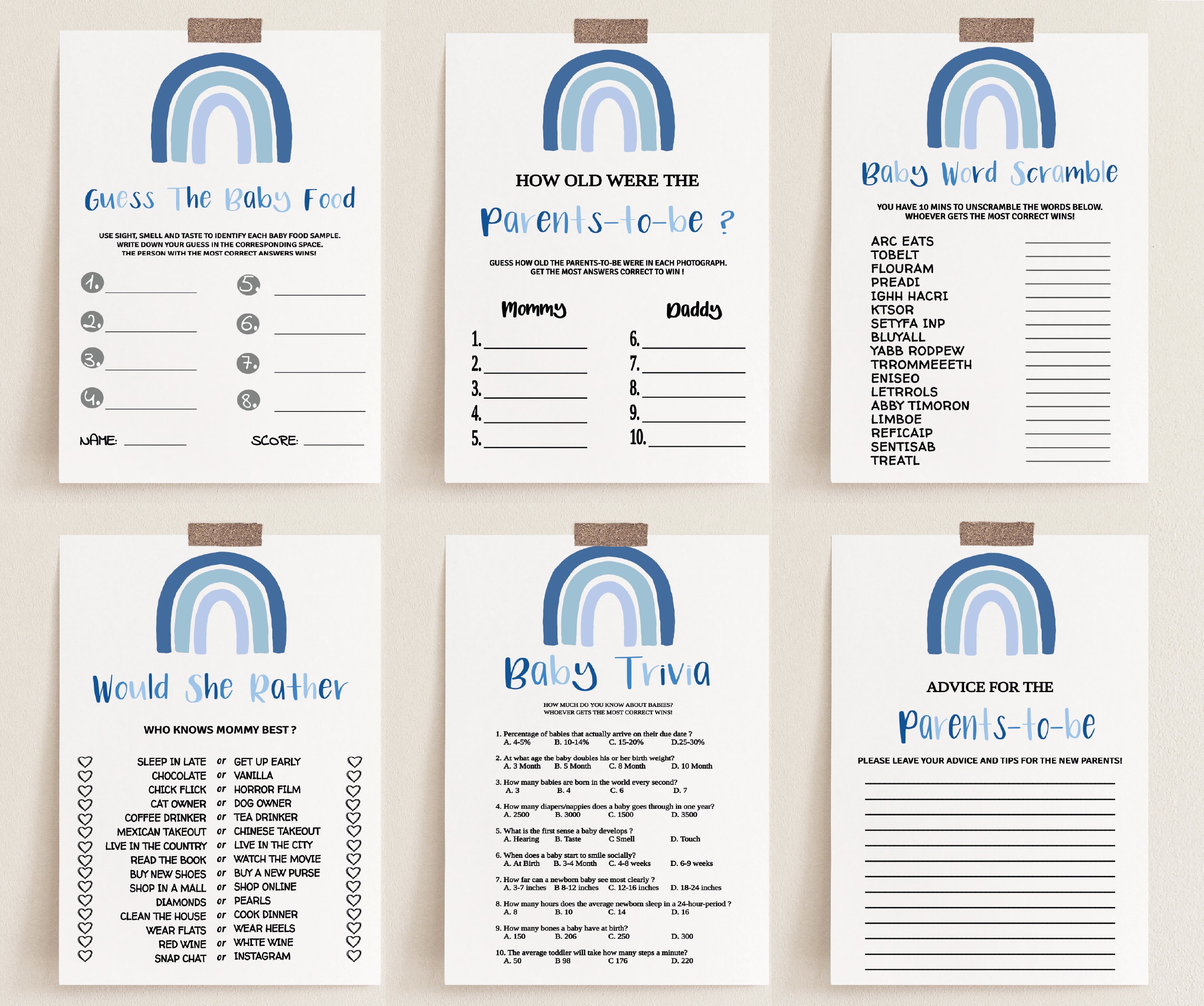 Blue Rainbow Baby Shower Game Bundle Editable Games Baby - Etsy