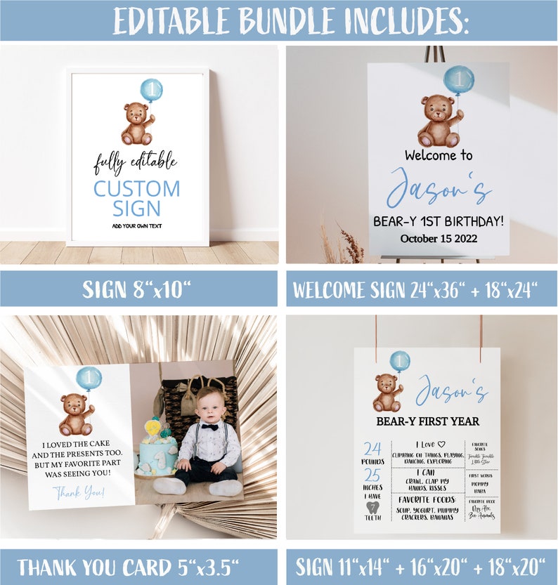 Beary First Birthday Invitation Bundle Editable First - Etsy