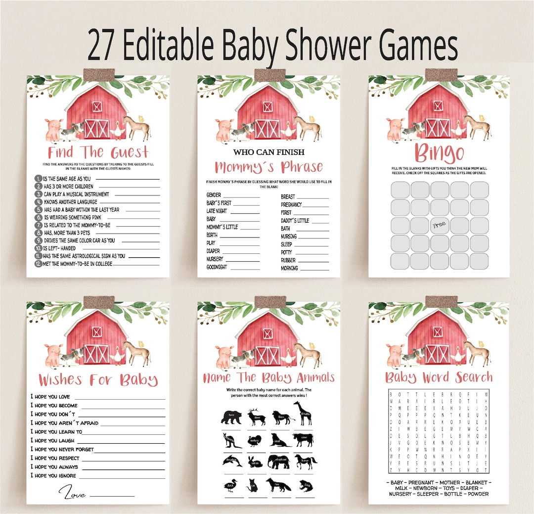 Farm Animal Baby Shower Games Bundle: Editable Printable Games (instant ...