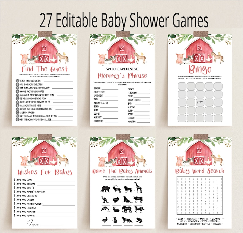 Farm Animal Baby Shower Games Bundle Editable Baby Shower - Etsy