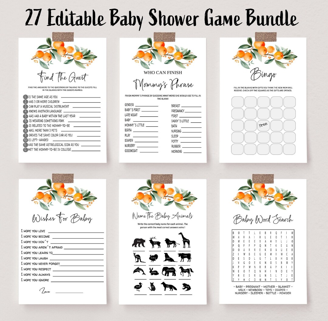 Little Cutie Baby Shower Game Bundle, Editable Orange Baby Shower Game ...