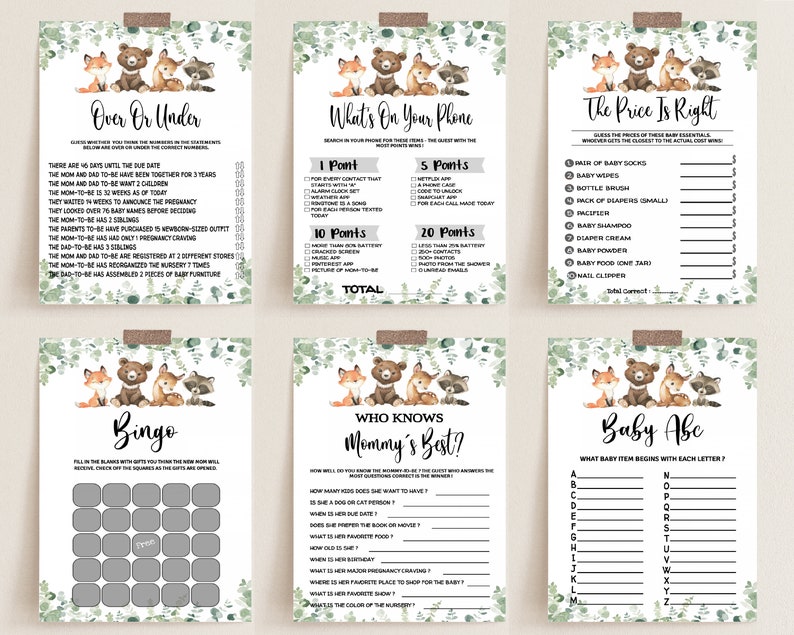 Woodland Baby Shower Games Bundle Woodland Forest Editable - Etsy