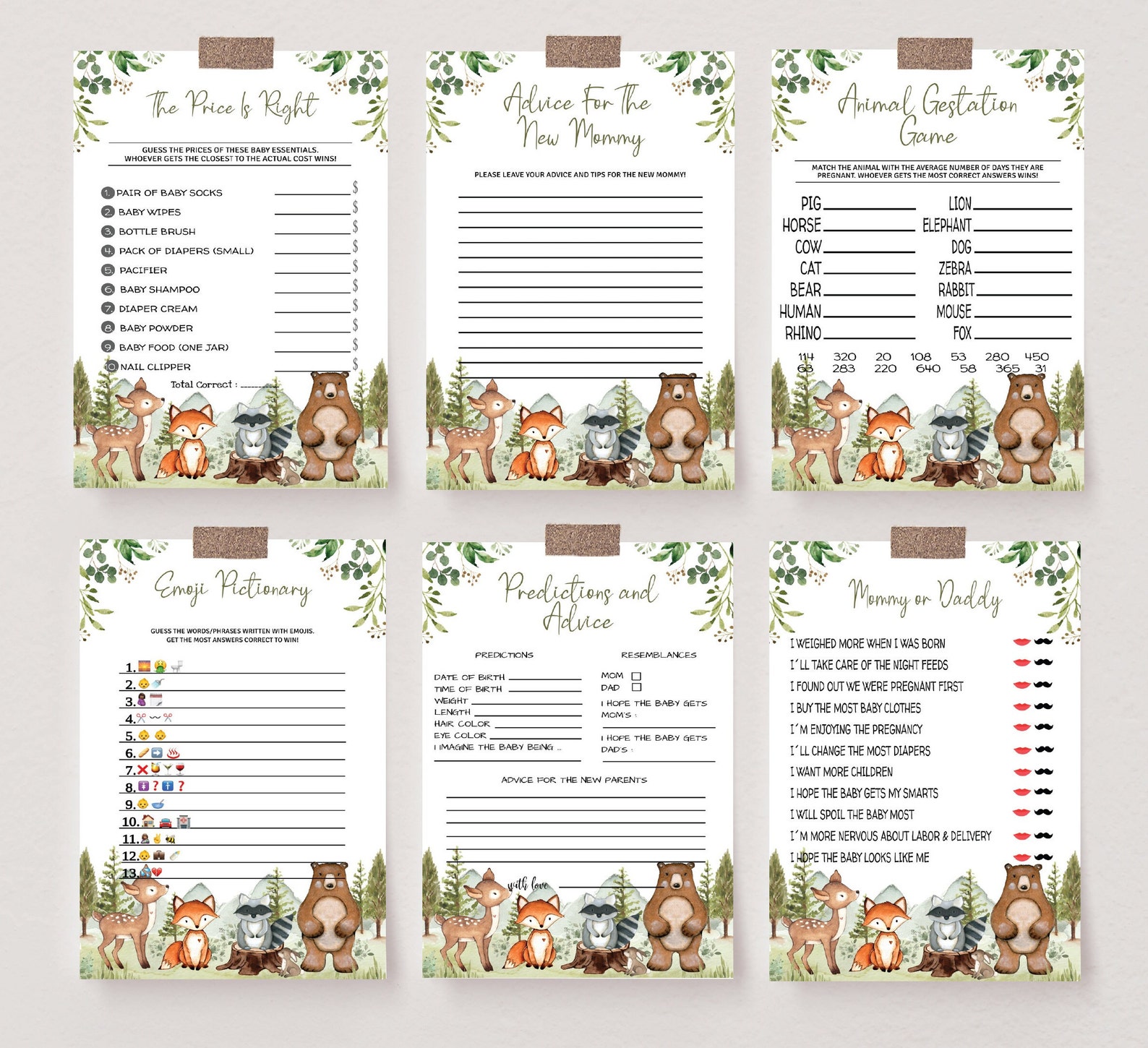 Woodland Animals Baby Shower Games Bundle: Editable Printable (digital ...