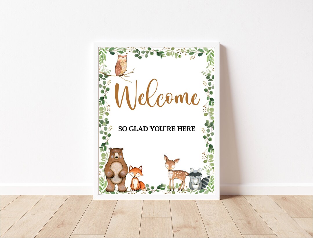 Woodland Baby Shower Welcome Sign Greenery Woodland Animals Forest Baby ...