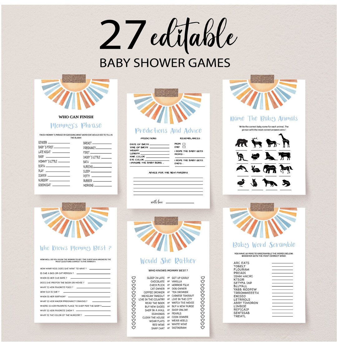 Sunshine Boy Baby Shower Game Bundle, Here Comes the Son, Editable Boho ...