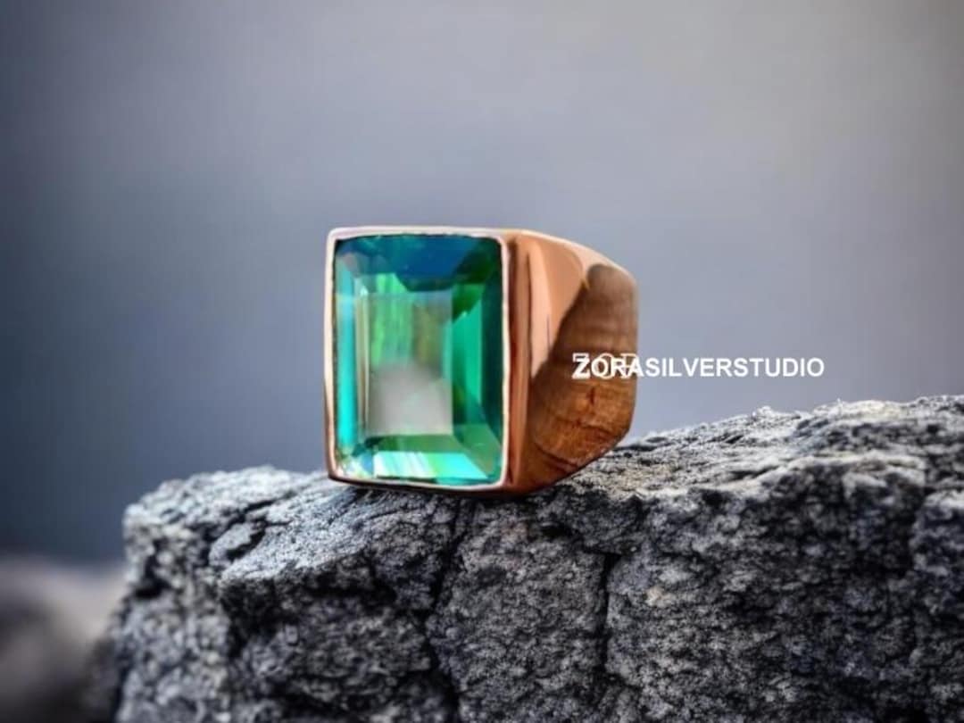 London Blue Topaz Signet Ring, Natural Teal Gemstone Jewelry, Sterling ...